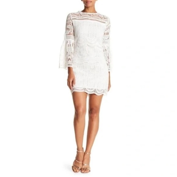 Meghan LA | Dresses | Meghan La Madison White Lace Bell Sleeve Shift ...